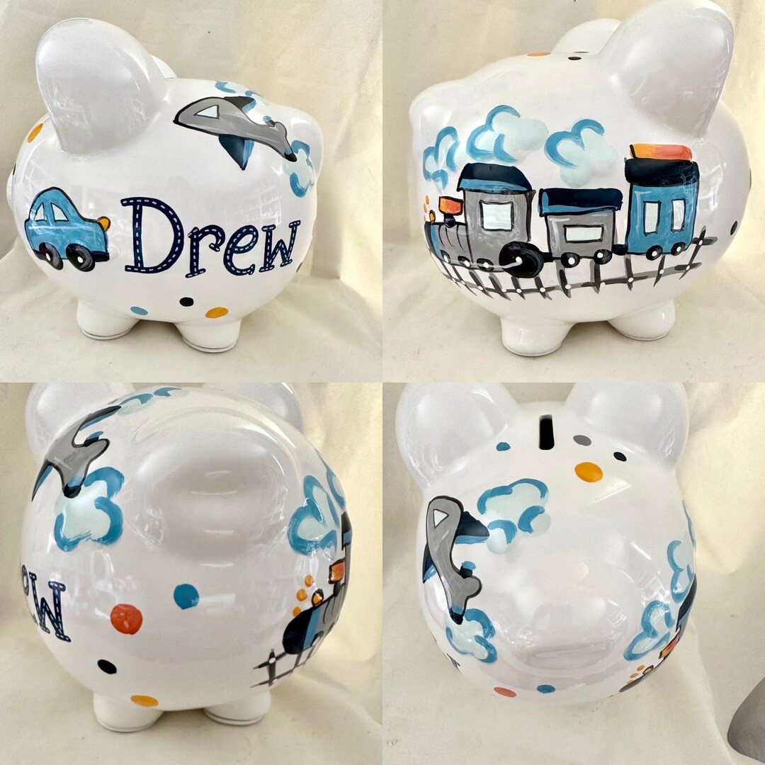 BLUE Choo Choo Train Engine Personalized Piggy Bank Newborn, Baby Boy's ...