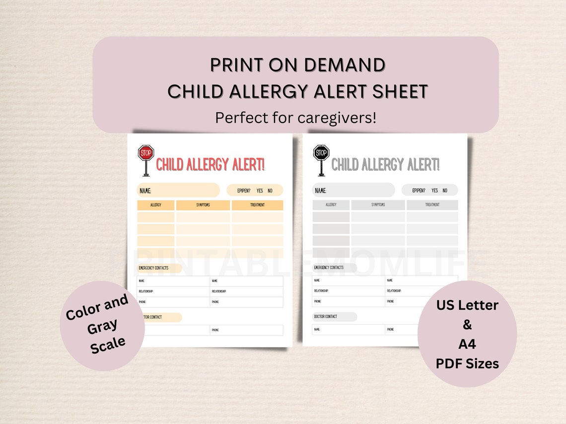 Printable Child Allergy Alert Sheet for Caregivers - Kid Allergy Sheet ...