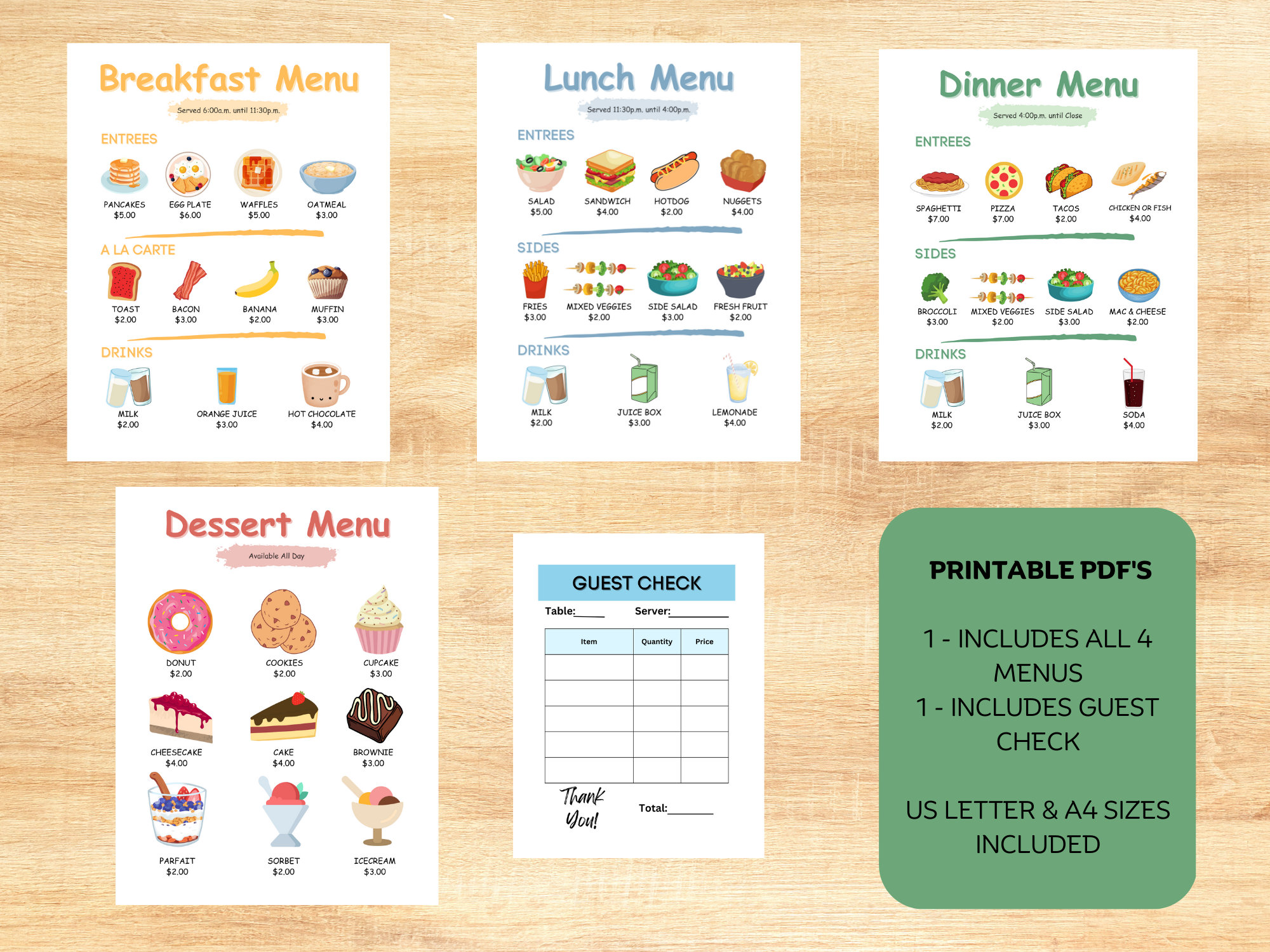 Printable Pretend Play Restaurant Menus and Check -- Digital Download ...