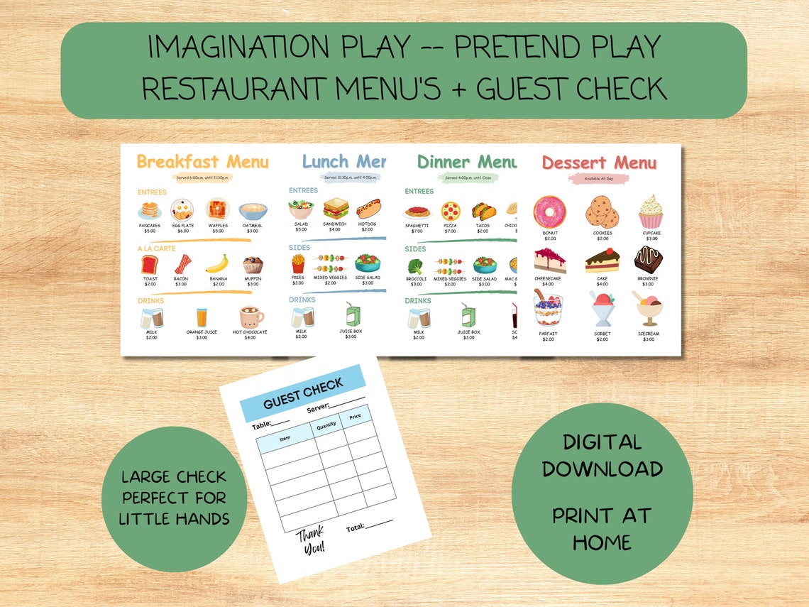 Printable Pretend Play Restaurant Menus and Check -- Digital Download ...