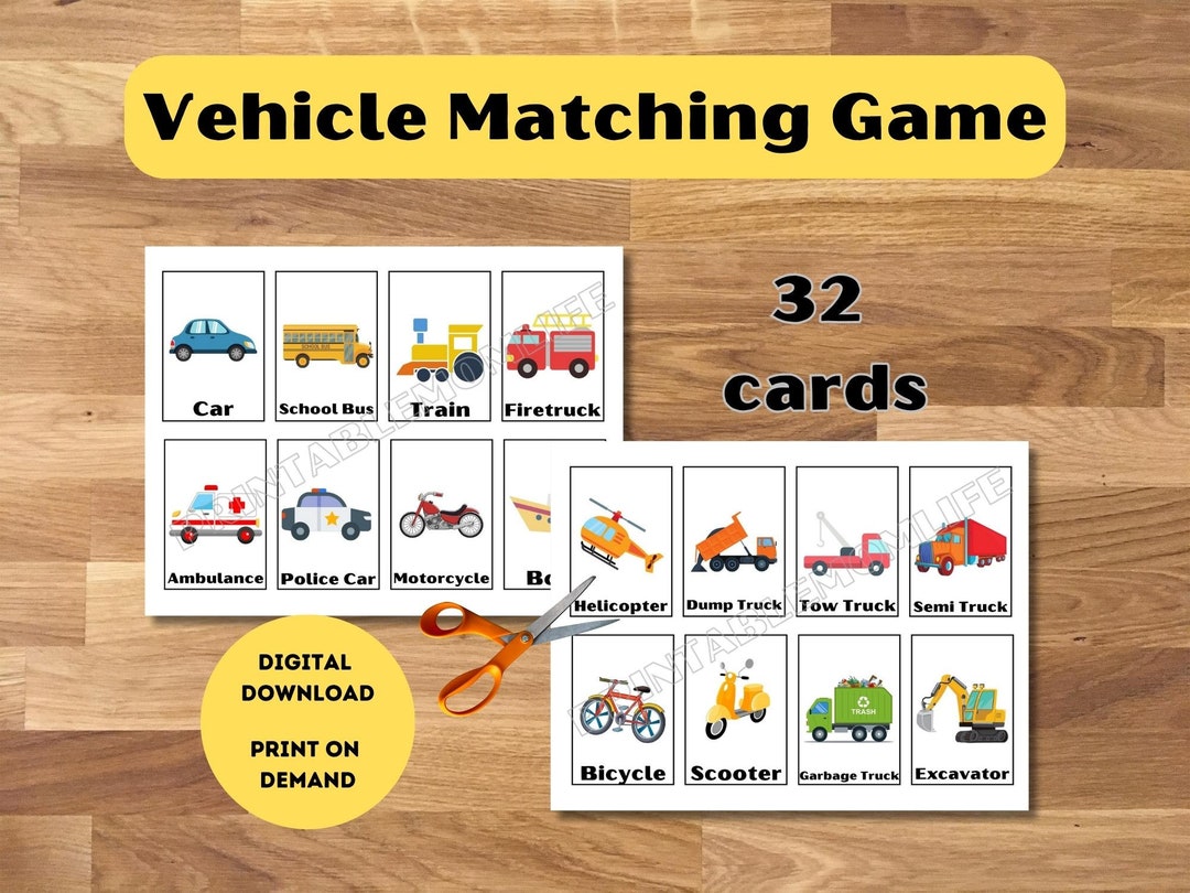 Vehicle Memory Matching Game Matching Game for Toddlers and - Etsy