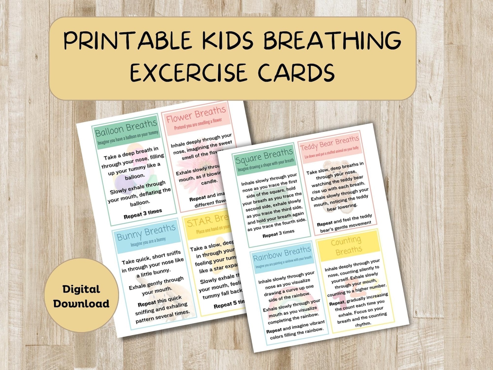 8 Printable Breathing Exercise Cards for Kids -- Digital Download ...