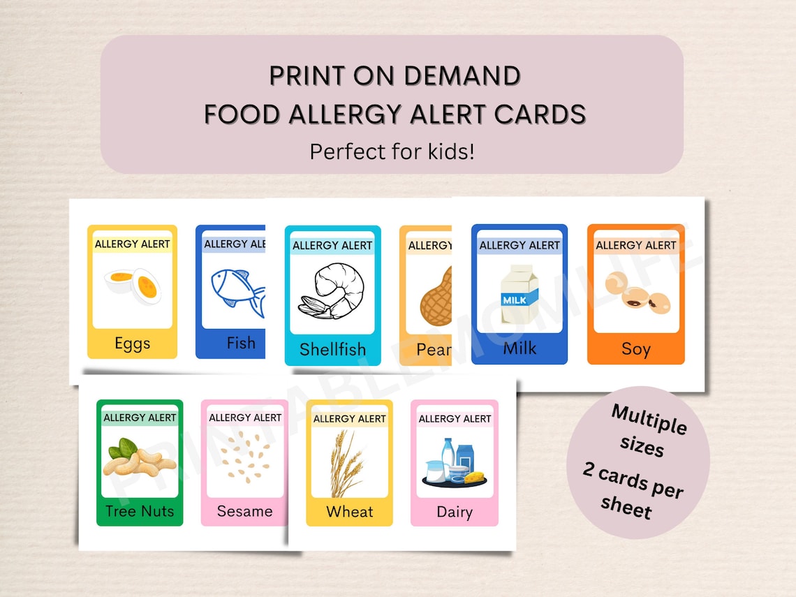 Printable Food Allergy Alert Cards -- Digital Download -- Toddler/kid Food Allergy Alert Cards ...