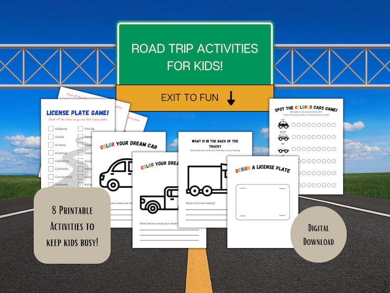 Kids Road Trip Printable Activities Sheets -- Digital Download Coloring ...
