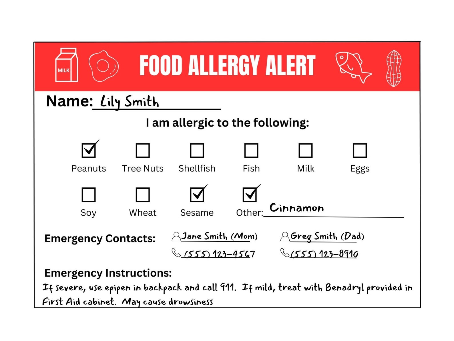 Food Allergy Alert Card - Digital Download - Printable Children Food ...