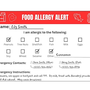Food Allergy Alert Card - Digital Download - Printable Children Food ...