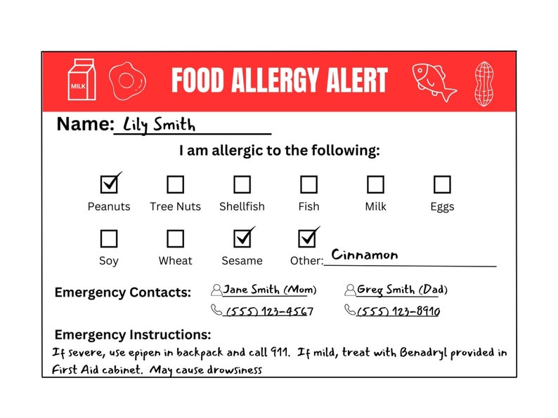 Food Allergy Alert Card - Digital Download - Printable Children Food ...