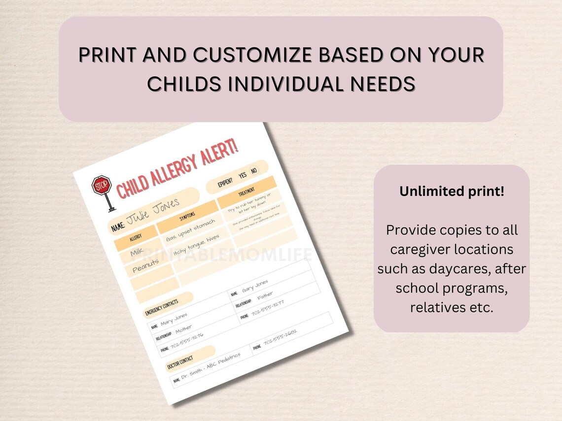 Printable Child Allergy Alert Sheet for Caregivers - Kid Allergy Sheet ...