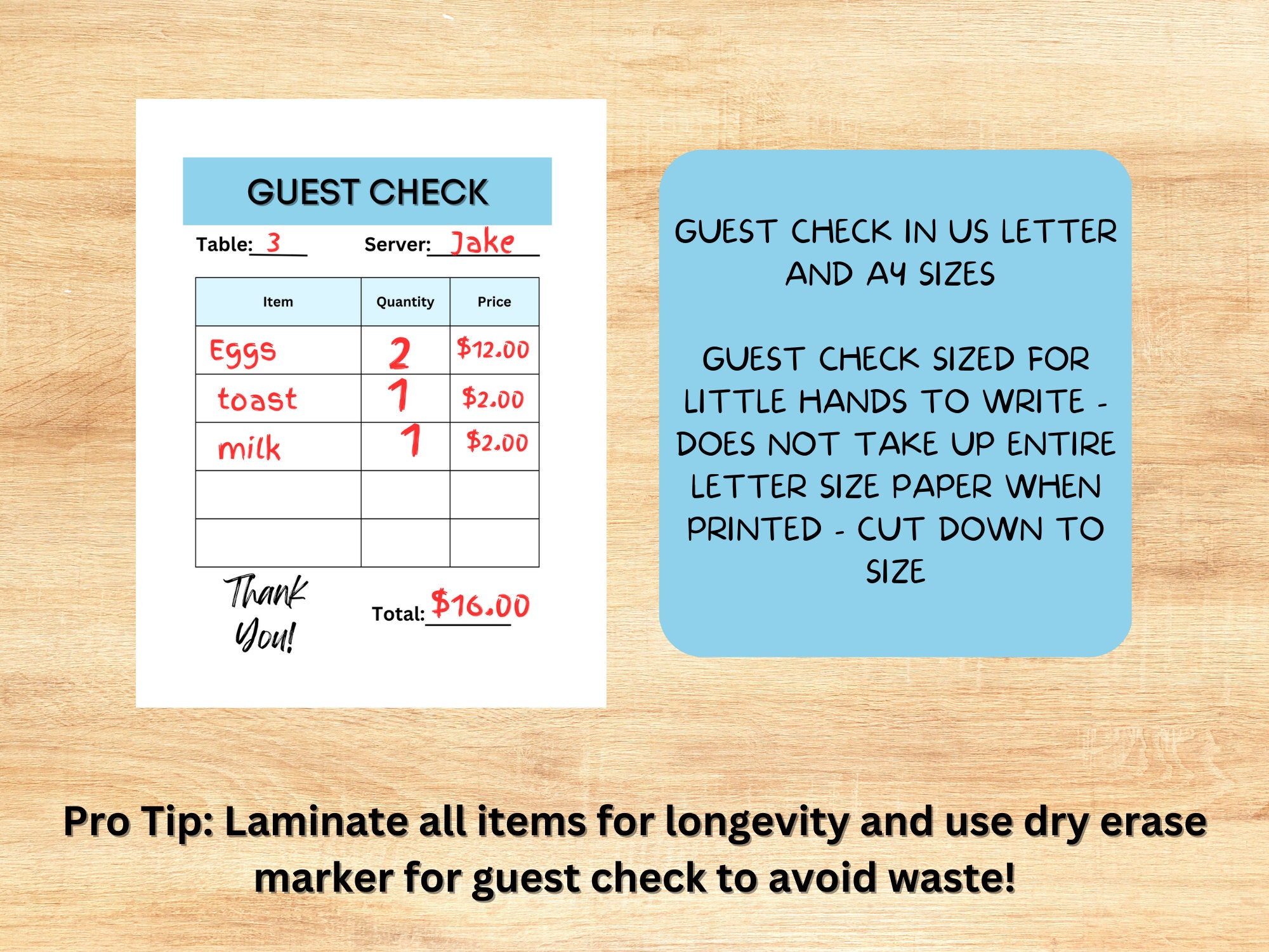 Printable Pretend Play Restaurant Menus and Check -- Digital Download ...