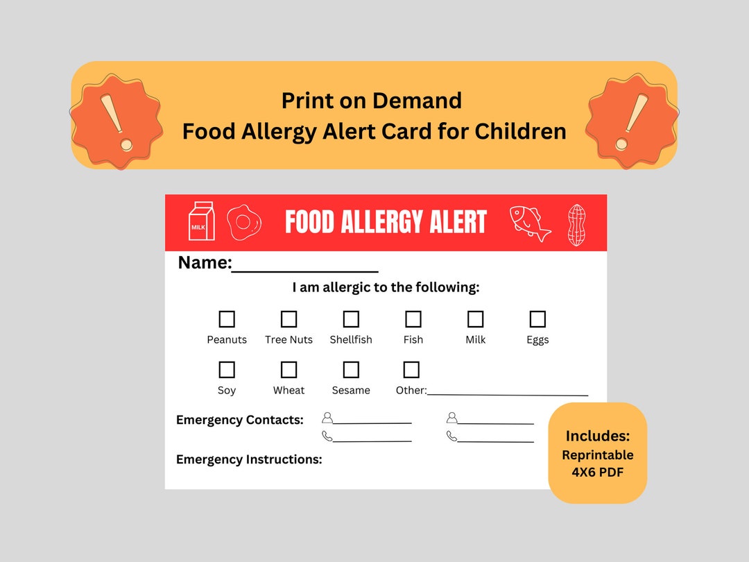 Food Allergy Alert Card - Digital Download - Printable Children Food ...