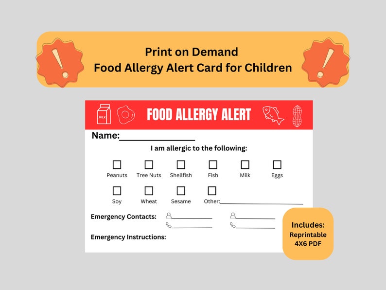 Food Allergy Alert Card - Digital Download - Printable Children Food ...