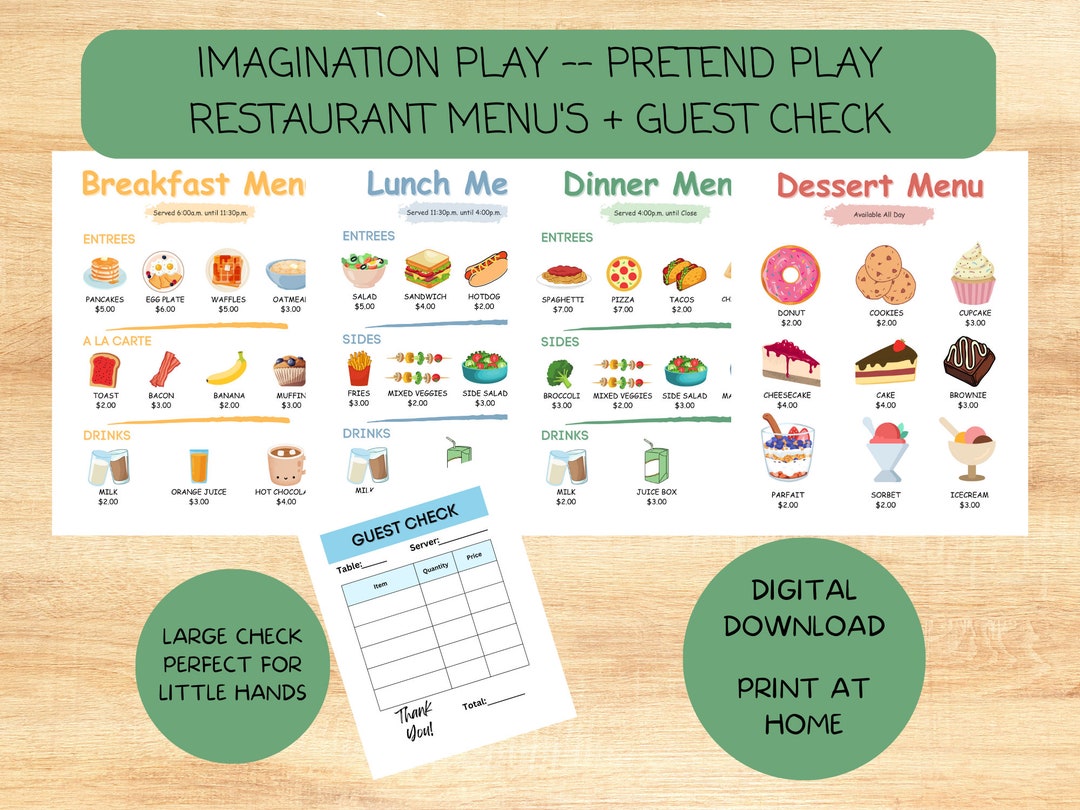 Printable Pretend Play Restaurant Menus and Check Digital - Etsy