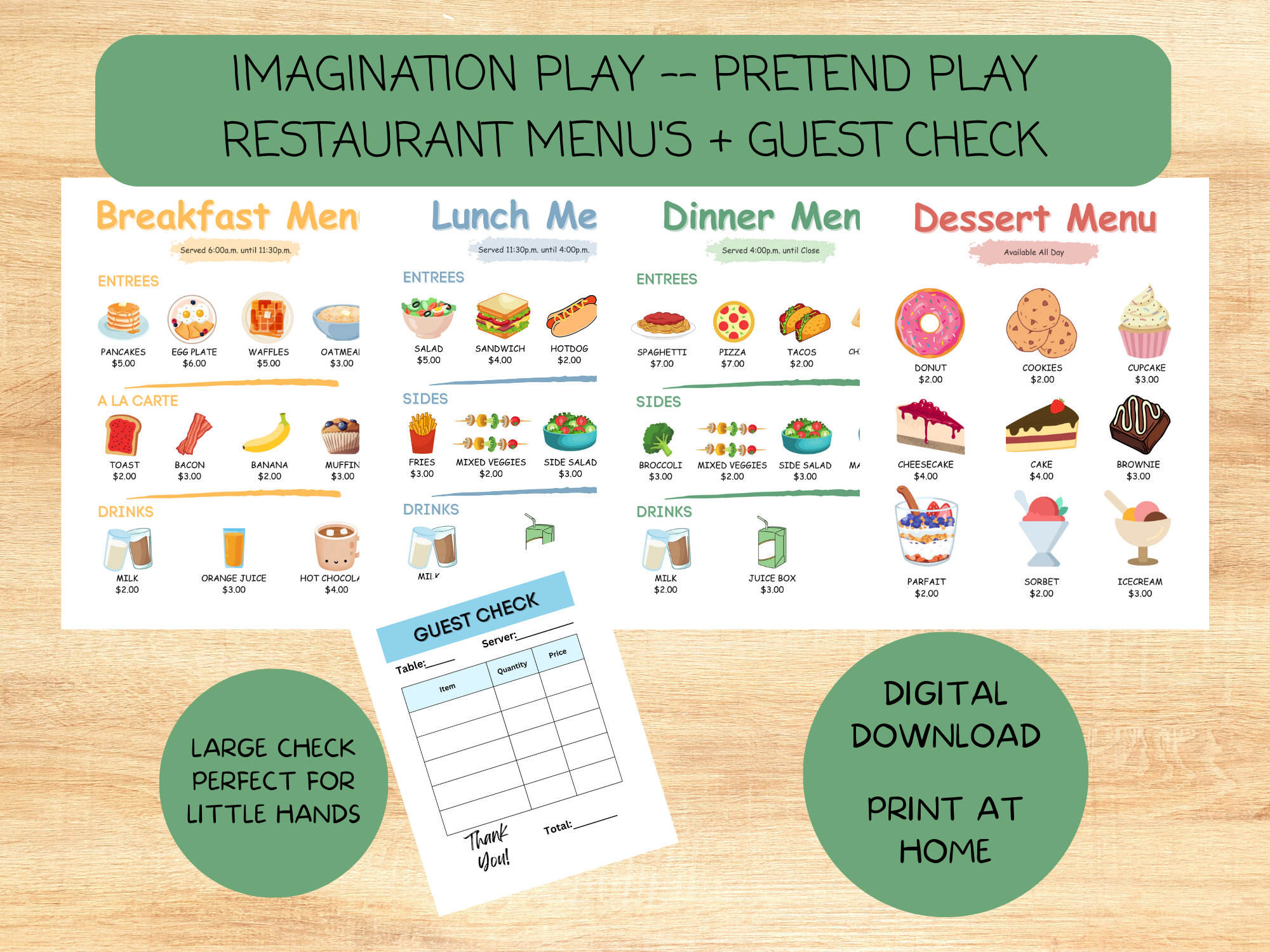 Printable Pretend Play Restaurant Menus and Check Digital - Etsy UK