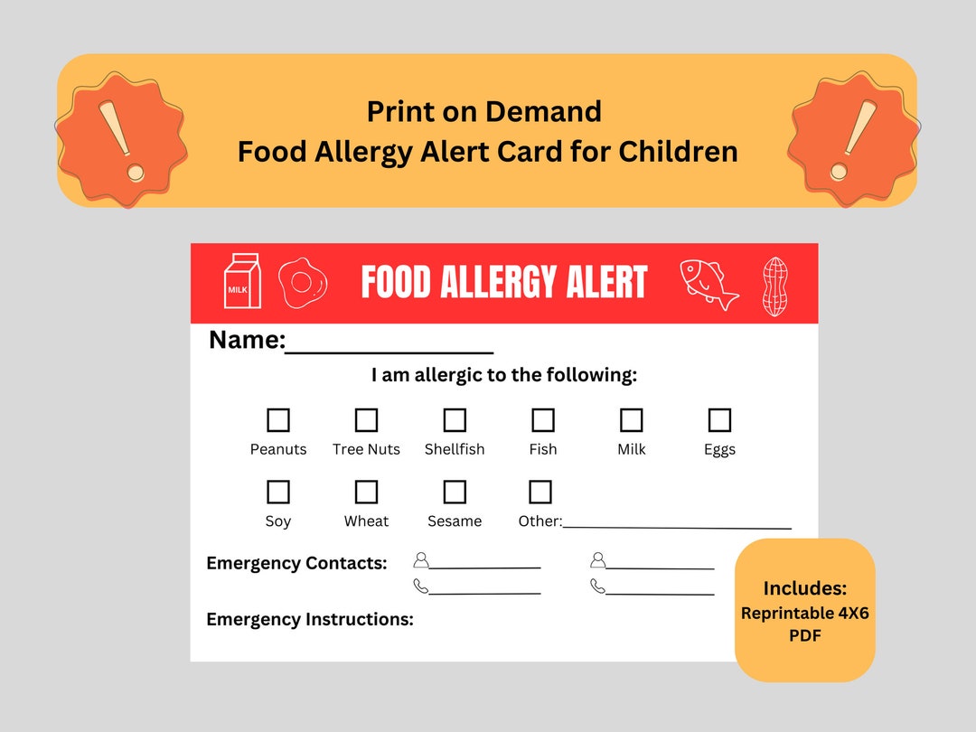 Food Allergy Alert Card Digital Download Printable - Etsy