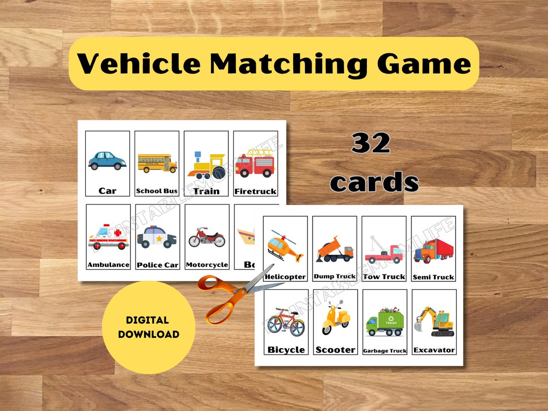 Vehicle Memory Matching Game -- Matching Game for Toddlers and Kids ...