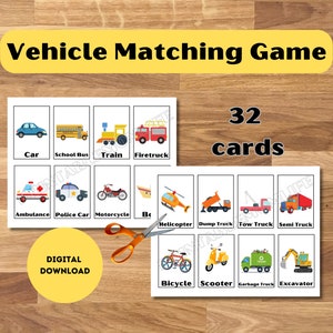 Vehicle Memory Matching Game -- Matching Game for Toddlers and Kids ...