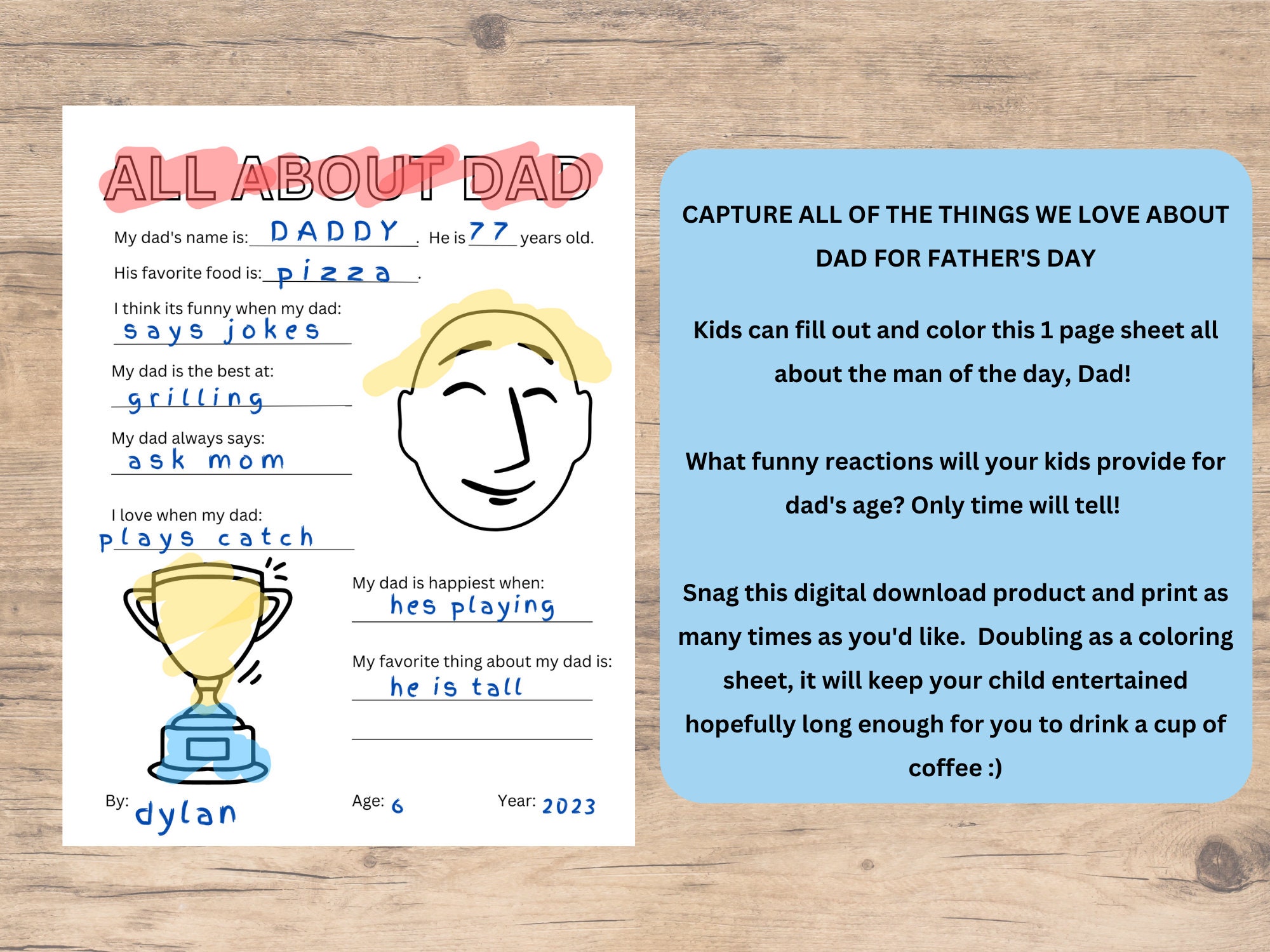All About Dad Printable Father's Day Gift Birthday Gift and Coloring ...