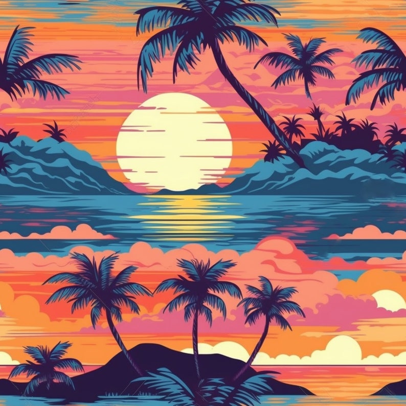 Tropical Beach Sunset Landscapes Seamless Repeating Pattern Digital ...
