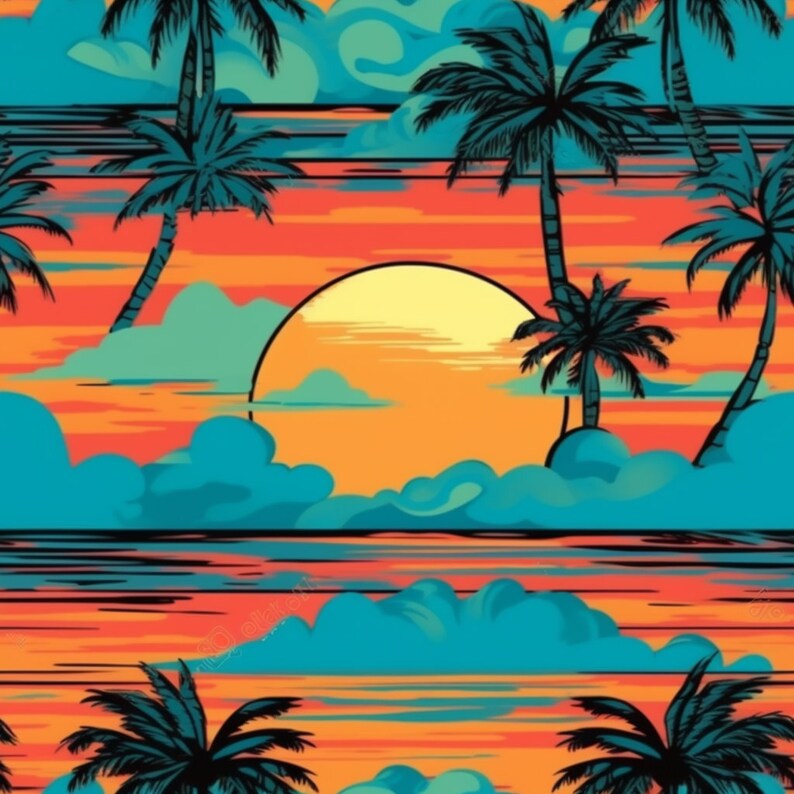 Tropical Beach Sunset Landscapes Seamless Repeating Pattern Digital ...