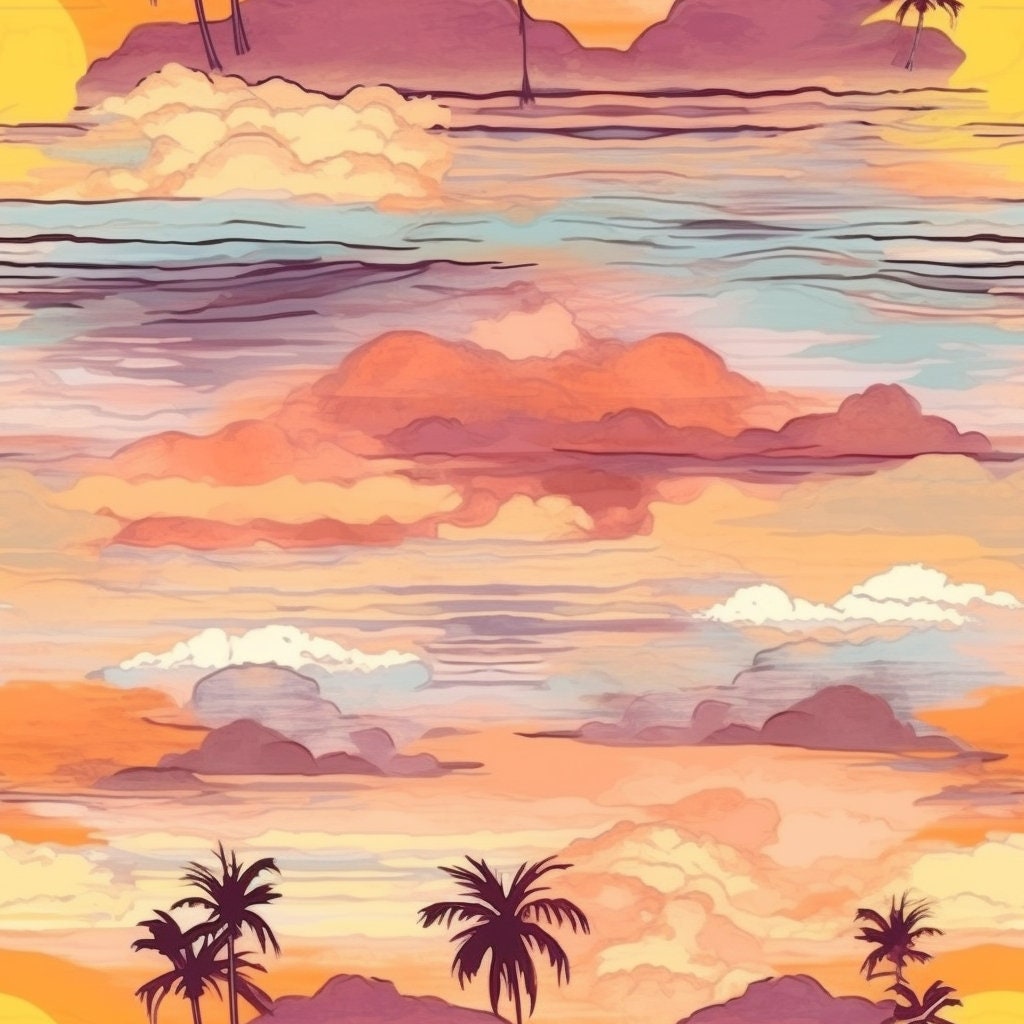 Tropical Beach Sunset Landscapes Seamless Repeating Pattern Digital ...