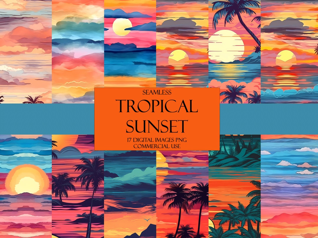 Tropical Beach Sunset Landscapes Seamless Repeating Pattern Digital ...