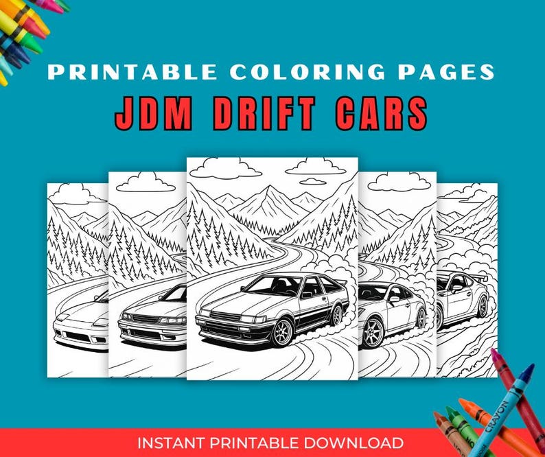 JDM Drift Car Coloring Pages – 5 Page Printable Bundle | Digital ...
