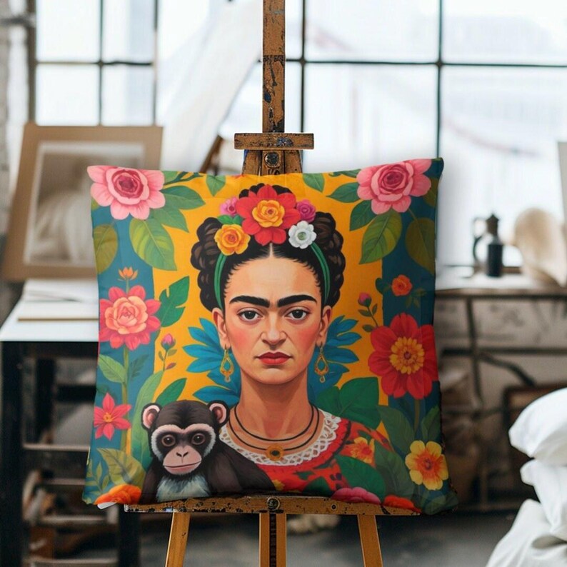 Vibrant Frida Kahlo Satin Pillow Cover, Unique Floral Cushion, Feminist ...