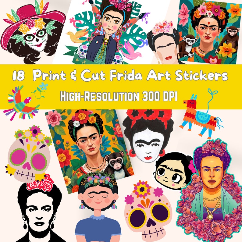 Frida-inspired Sticker Sheet, Printable PNG PDF Stickers, Fun Gift for ...