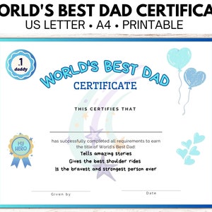 World's Best Dad Certificate Printable | Personalized Fathers Day Gift ...
