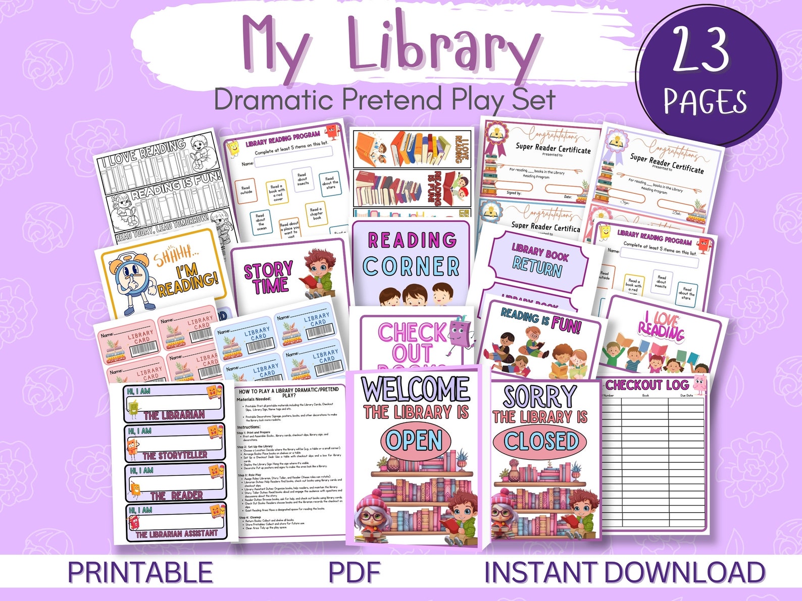 Library Pretend Play Printable Cool Purple-pink Kids Dramatic Play Set ...