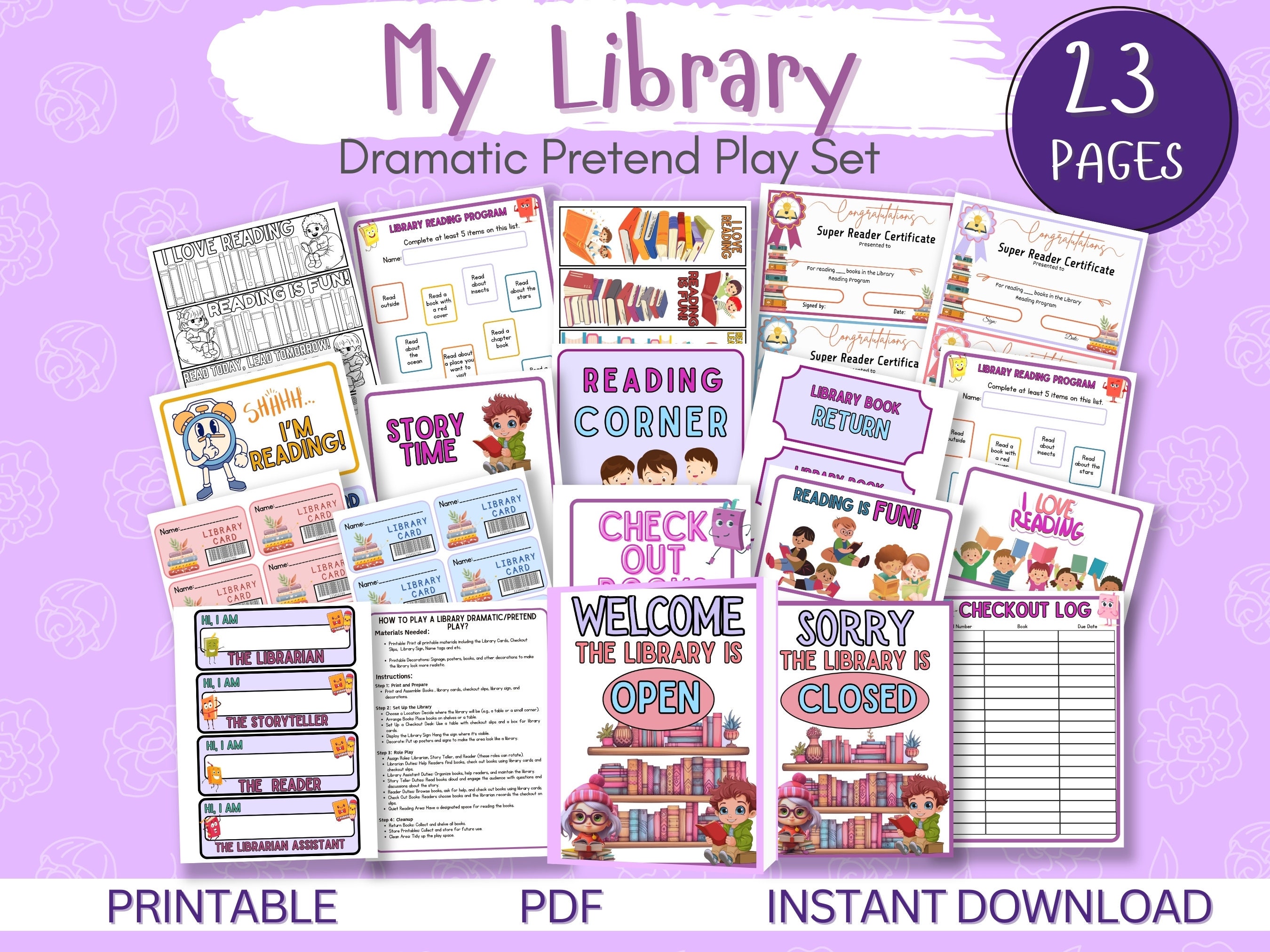 My Library Pretend Play Printable Cool Purple-pink Kids Dramatic Play ...