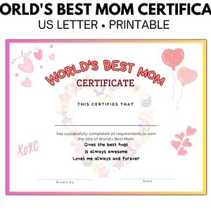 World’s Best Mom Certificate Printable for Mother's Day Gift, Award for ...