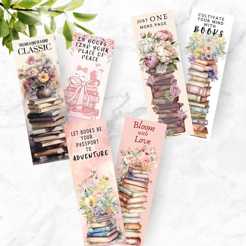 Stacked Books Floral Printable Bookmarks Set, Perfect Gift for Book ...
