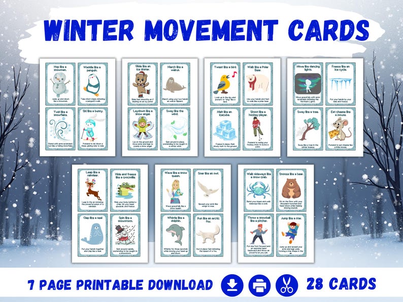 Winter Movement Cards for Kids, Printable Winter Gross Motor Activity ...