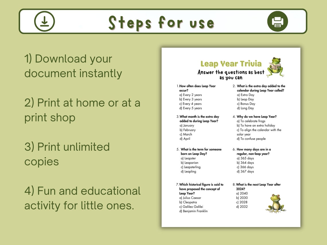 Leap Year Trivia Game Printable for Leap Day Birthday Party, Game for ...