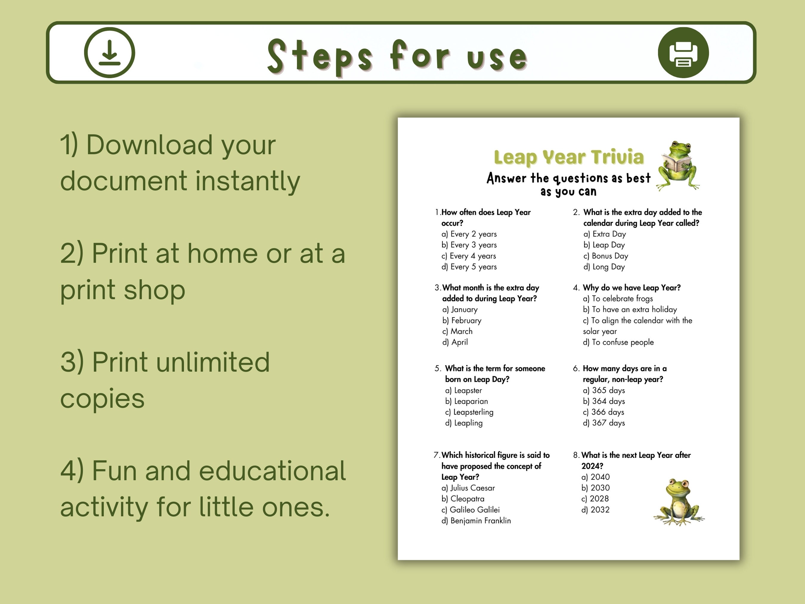 Leap Year Trivia Game Printable for Leap Day Birthday Party, Game for ...