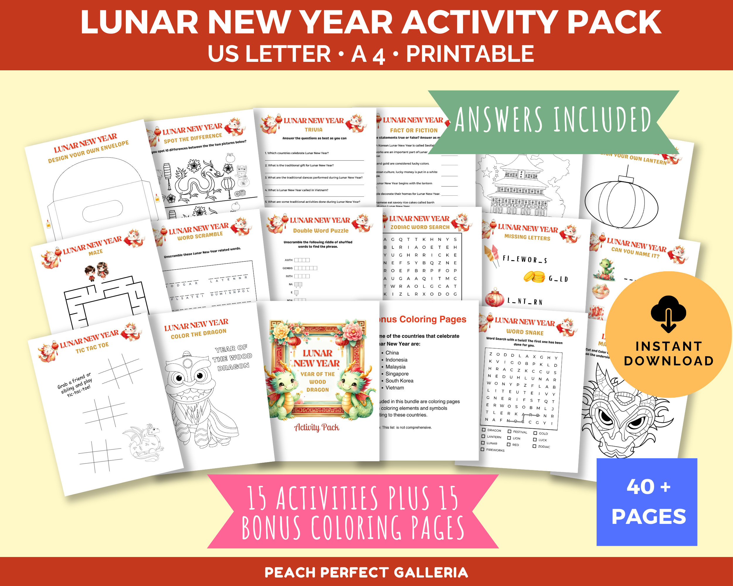Lunar New Year Activity Pack for 2024 Year of the Wood Dragon, Chinese ...