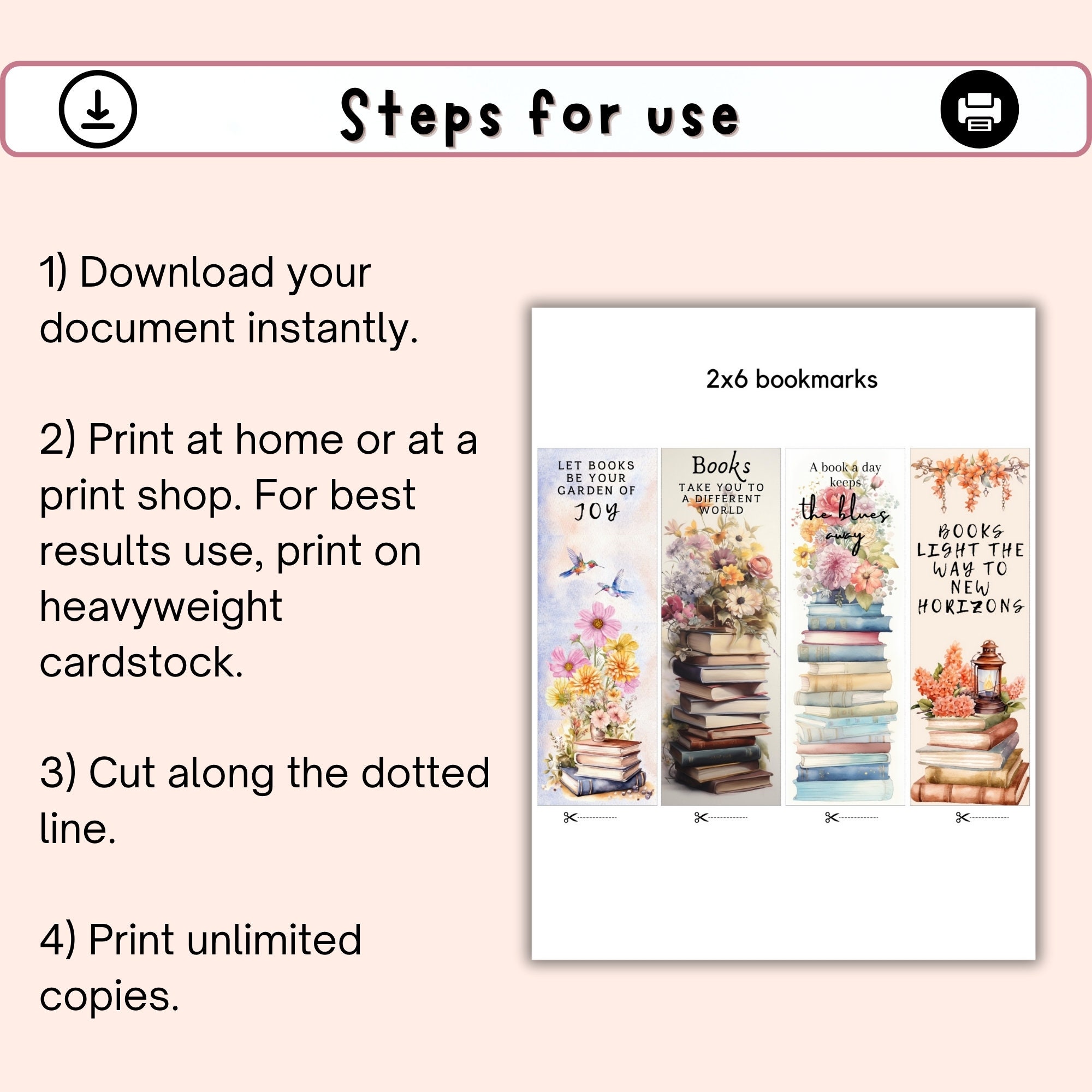 Stacked Books Floral Printable Bookmarks Set, Perfect Gift for Book ...