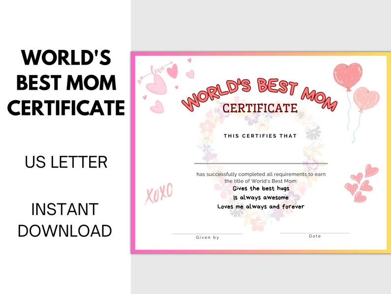 Worlds Best Mom Certificate Printable for Mother's Day Gift, Award for ...
