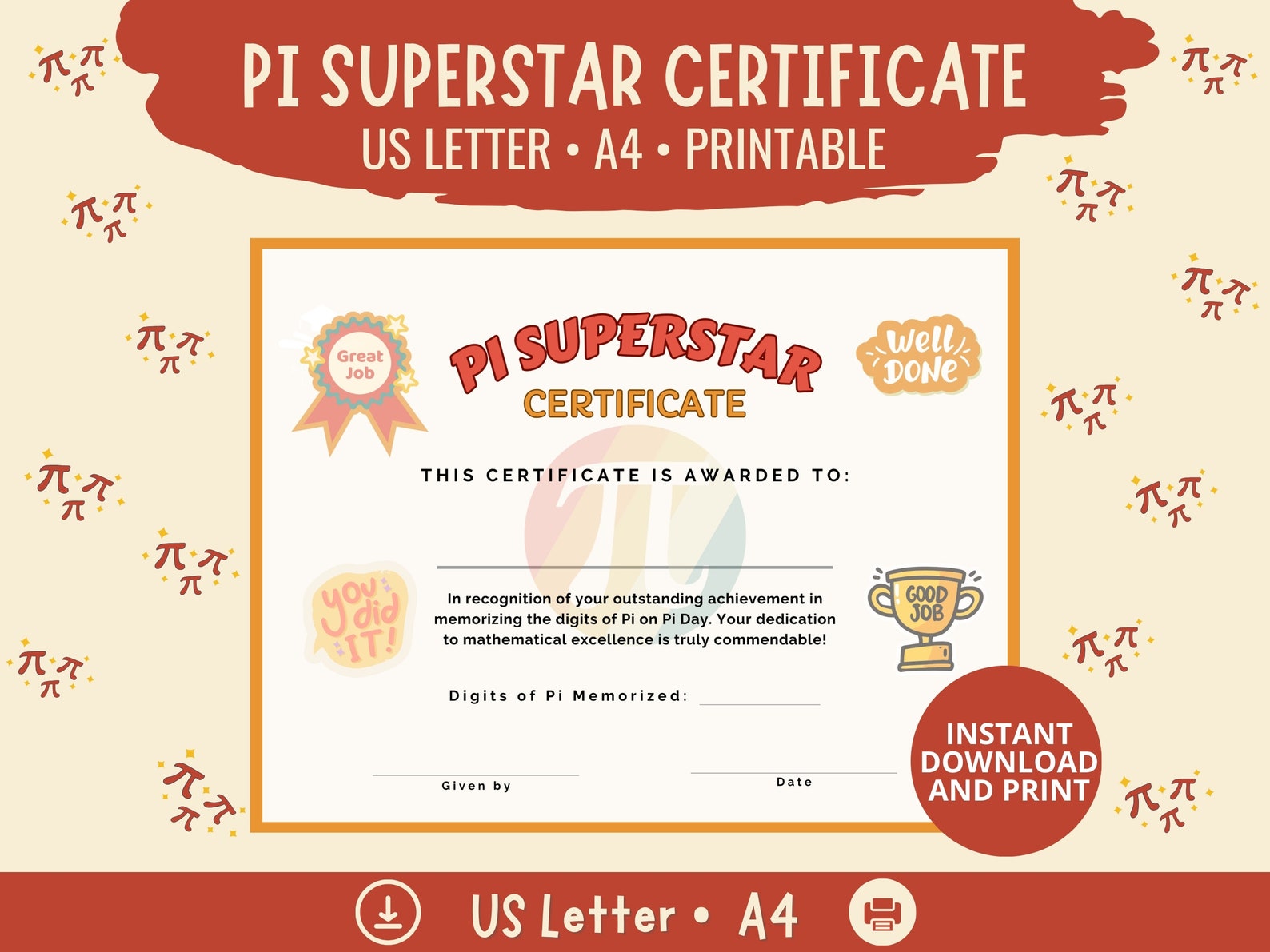 Customizable Pi Superstar Certificate Printable to Reward Kids Math ...