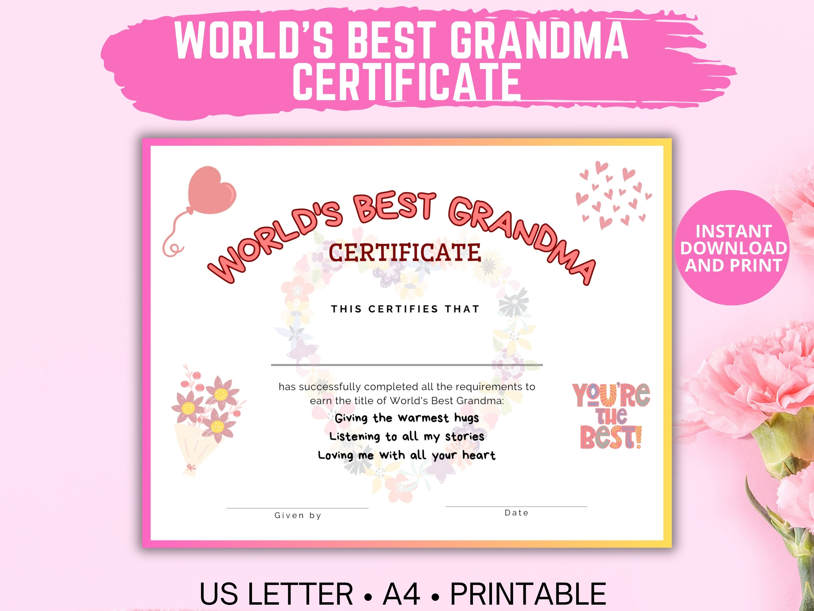 World’s Best Grandma Printable Certificate for Grandparents Day, Mother ...