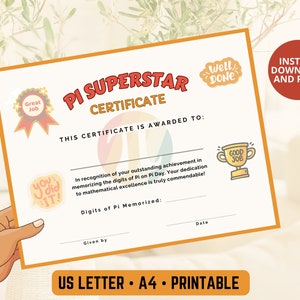 Customizable Pi Superstar Certificate Printable to Reward Kids Math ...