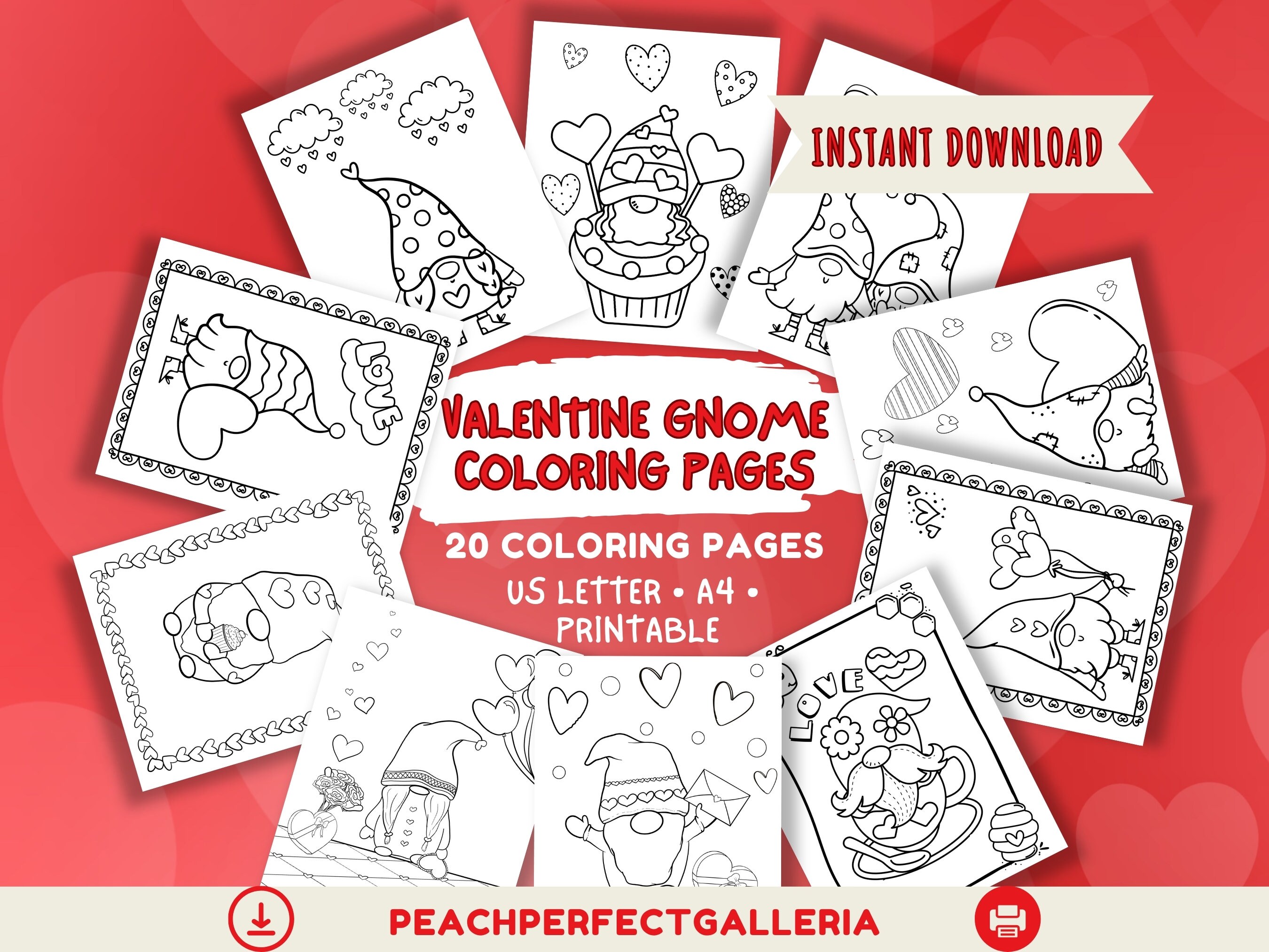 Printable Valentine Gnomes Coloring Pages for Kids and Adults, 20 Pack ...