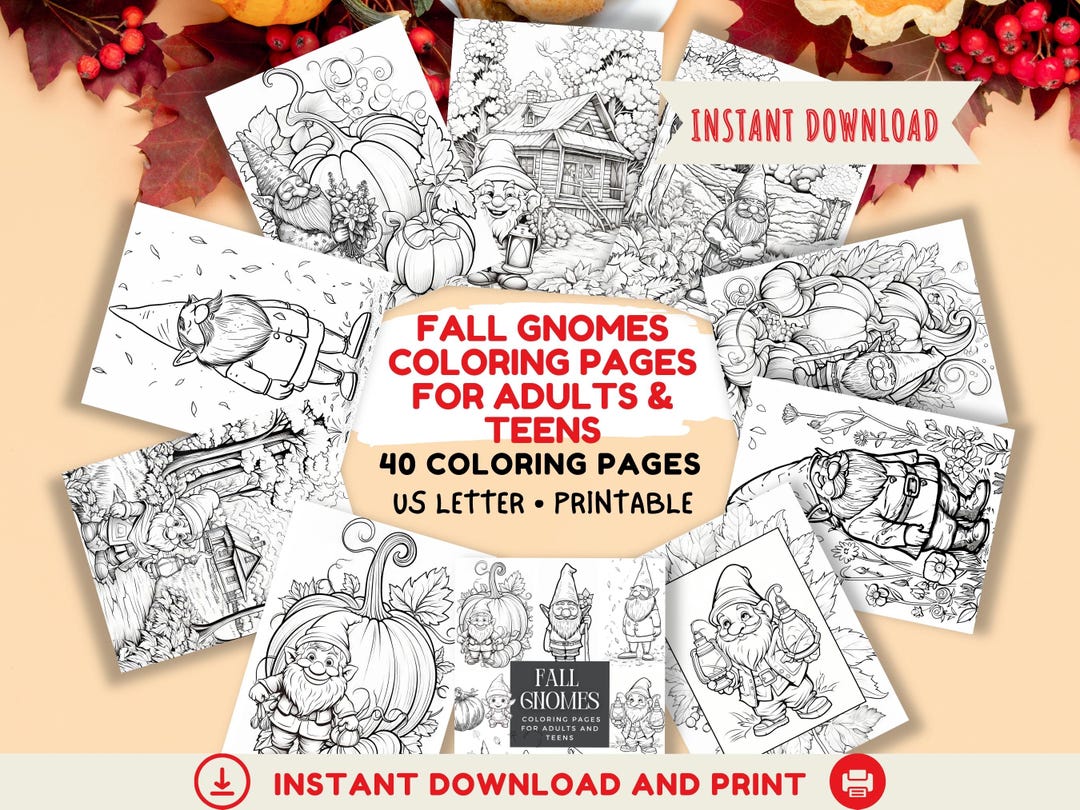 Fall Gnomes Coloring Pages for Adults & Teens, Relaxing Art Therapy ...