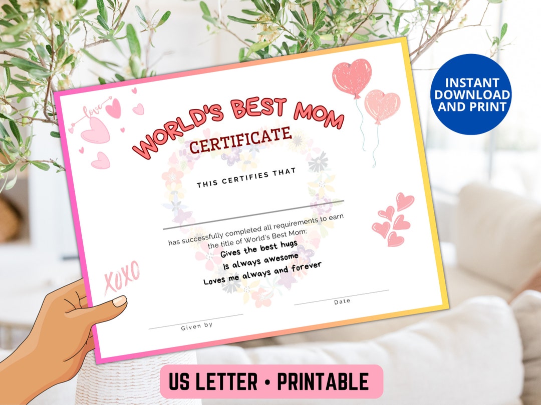 World’s Best Mom Certificate Printable for Mother's Day Gift, Award for ...
