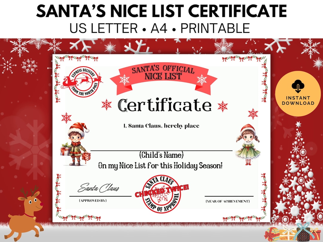 Santa's Nice List Certificate and Letter From Santa for Kids, Christmas ...