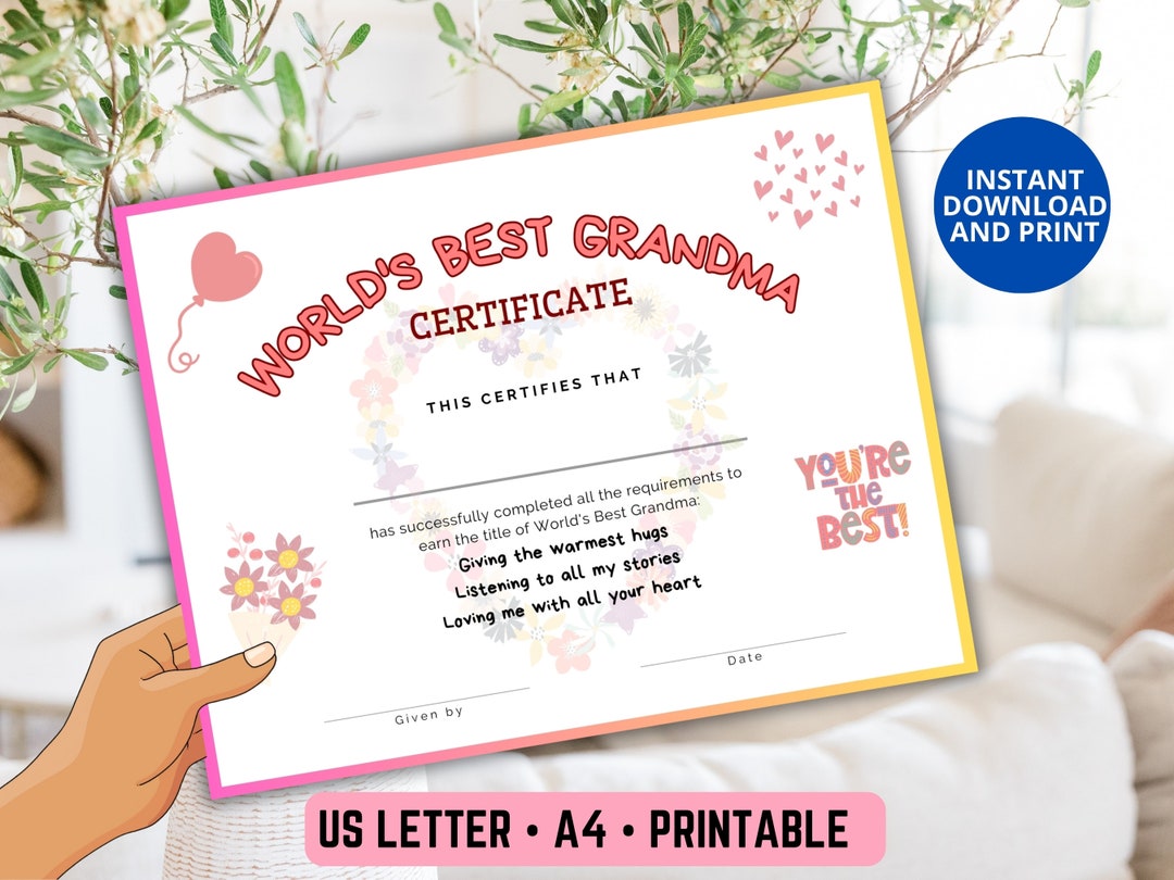 World’s Best Grandma Printable Certificate for Grandparents Day, Mother ...