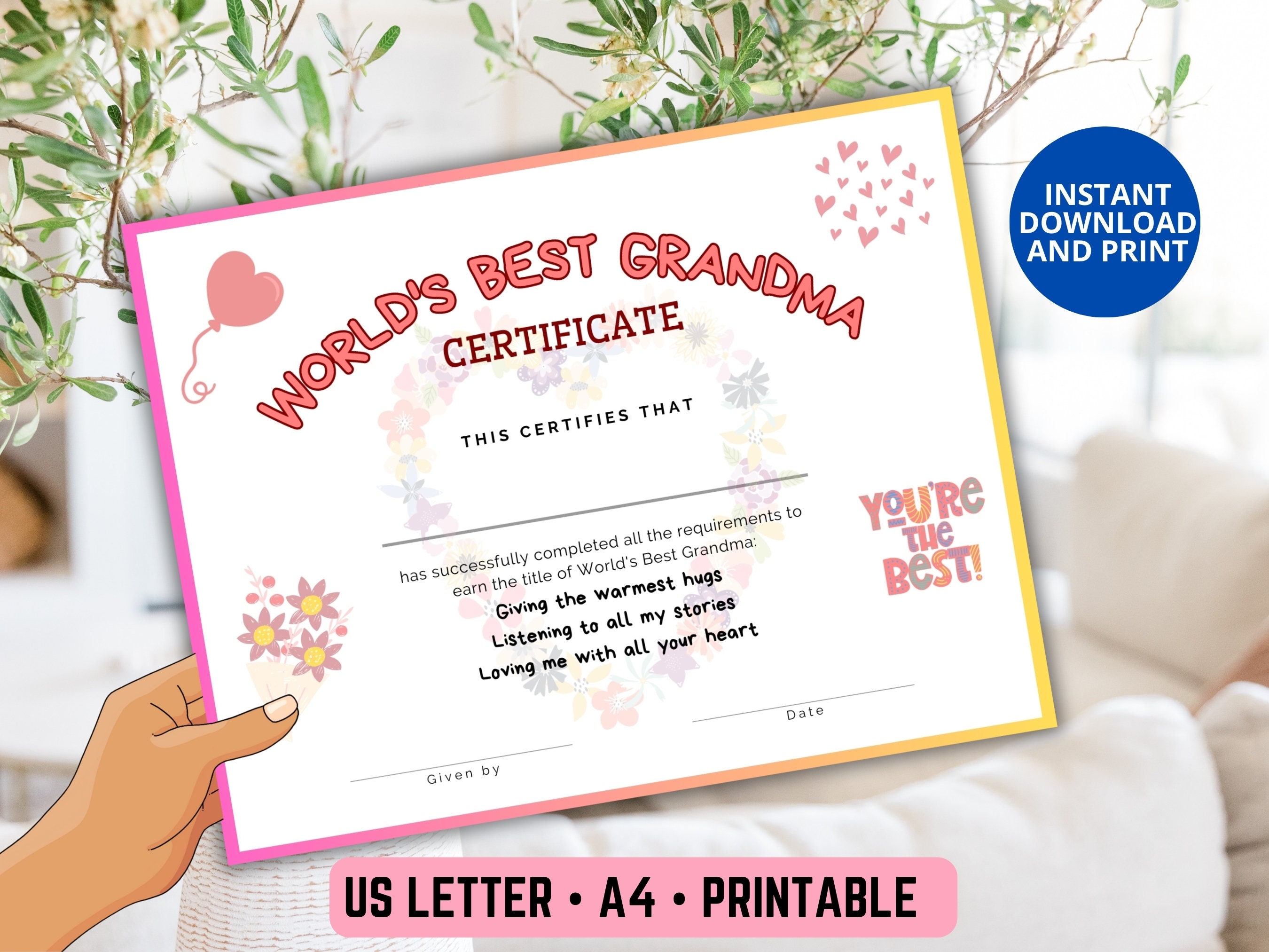 World’s Best Grandma Printable Certificate for Grandparents Day, Mother ...