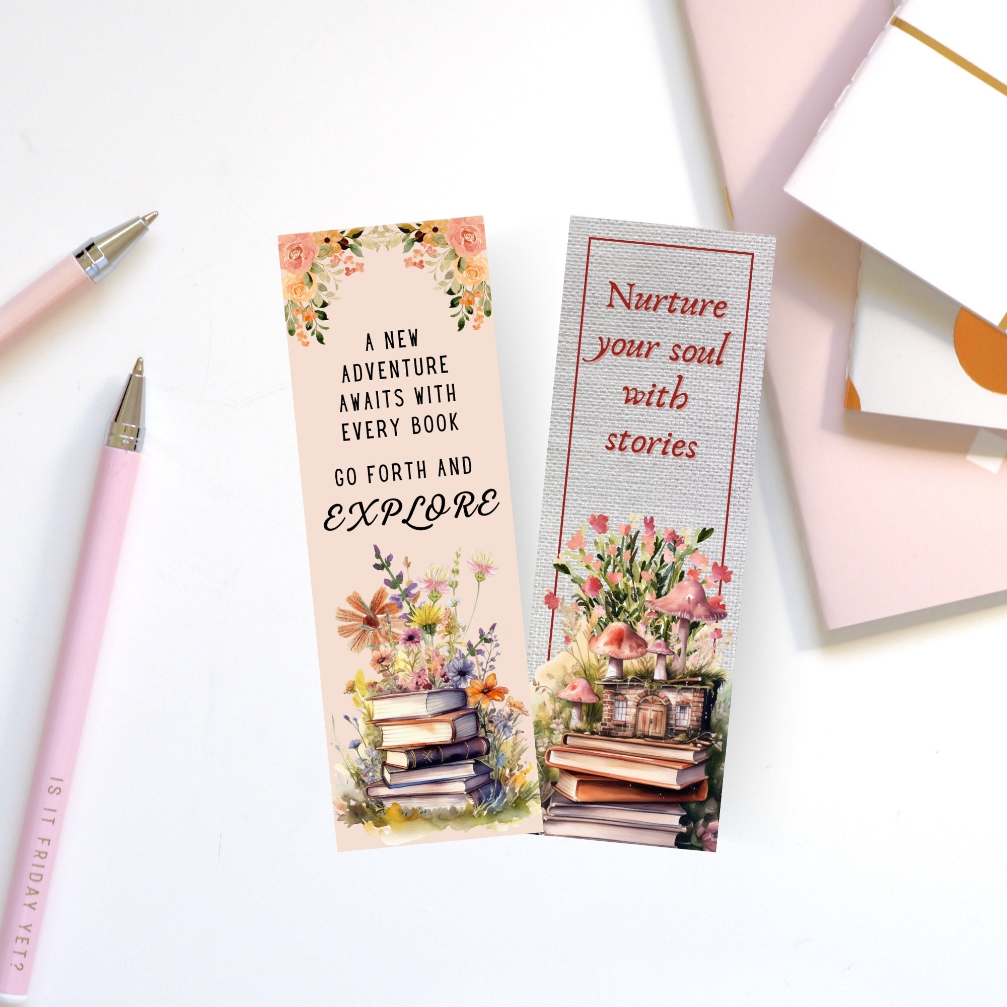 Stacked Books Floral Printable Bookmarks Set, Perfect Gift for Book ...