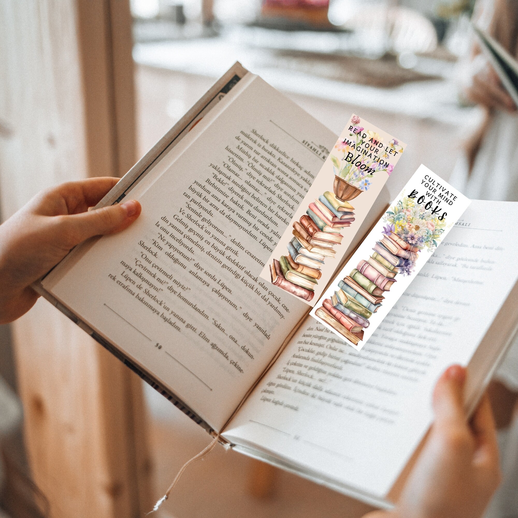 Stacked Books Floral Printable Bookmarks Set, Perfect Gift for Book ...